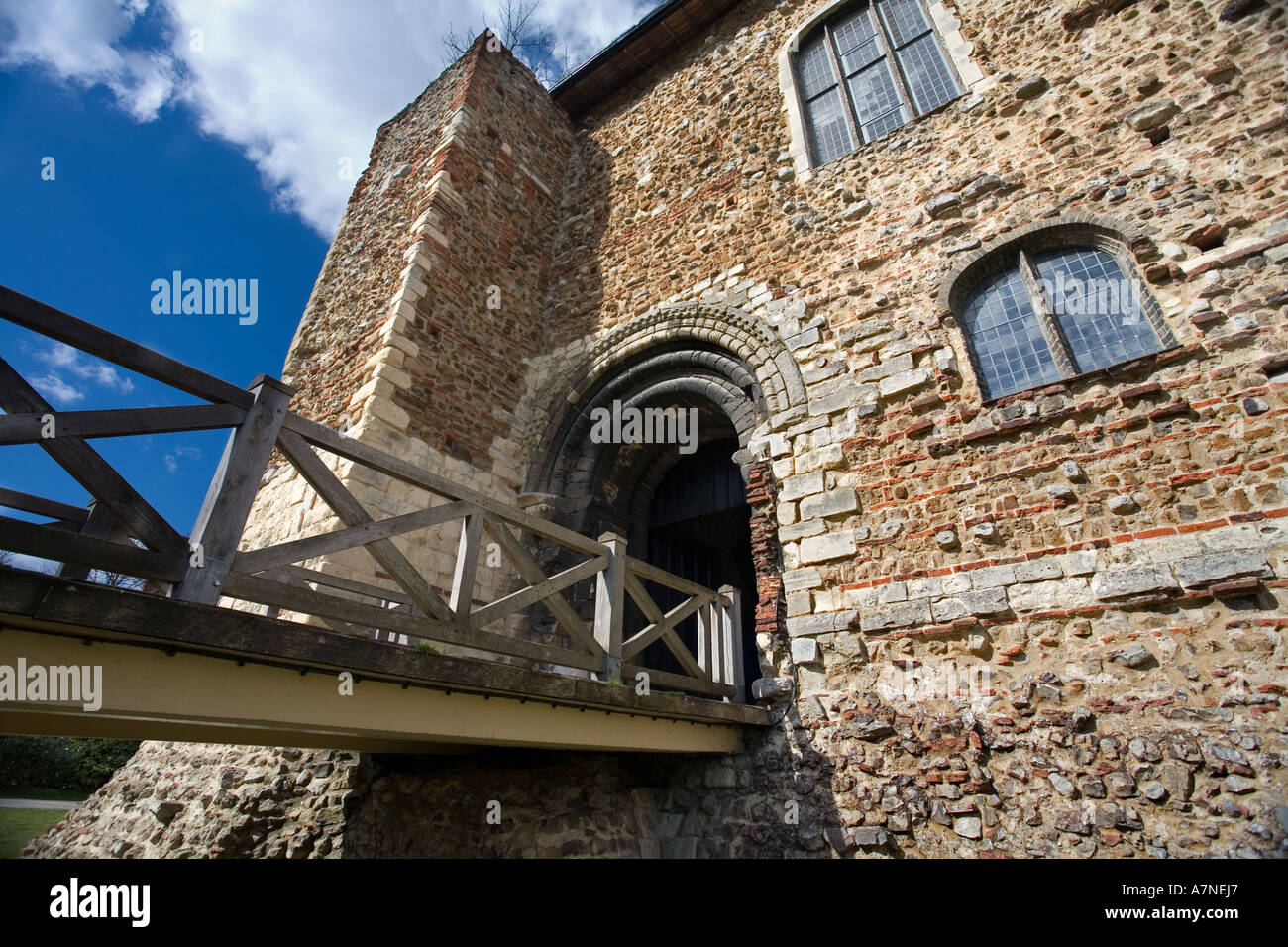 The front of colchester castle with the footbridge to the main entrance ...