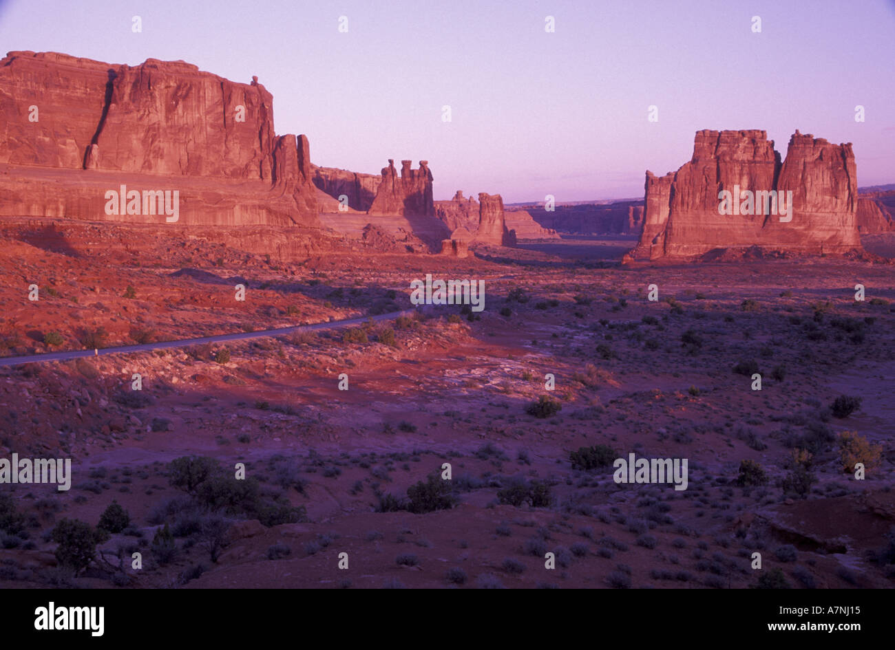 NA, USA, Utah, Arches National Park. Courthouse towers and the Organ ...