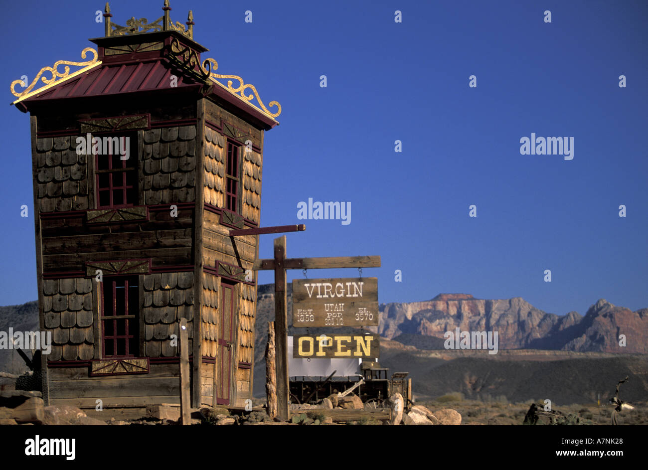 USA, Utah, Virgin. Old western mock town along Route 9 by Zion National ...