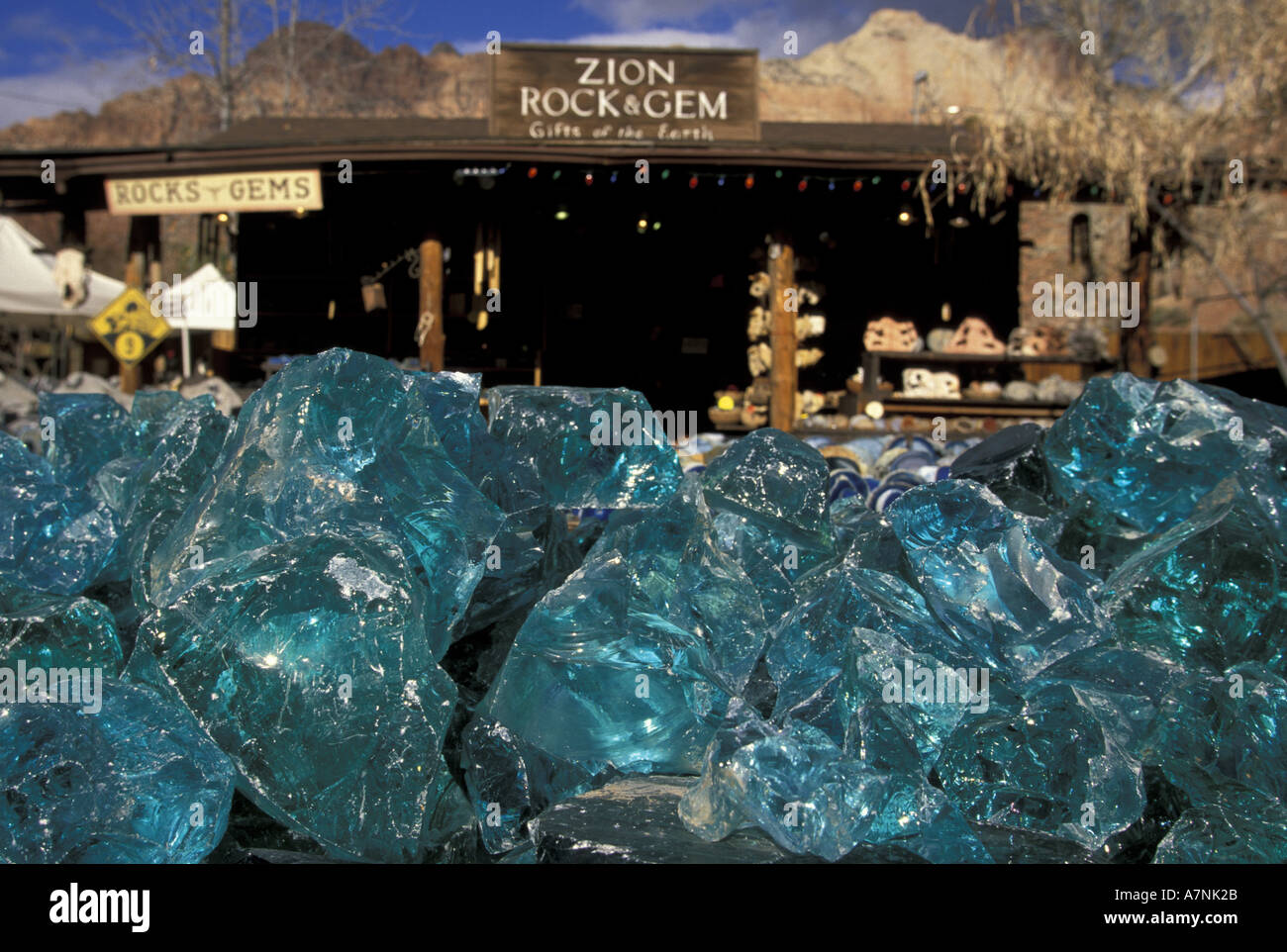 USA, Utah, Springdale. Colorful stone and glass mineral shop by Zion ...
