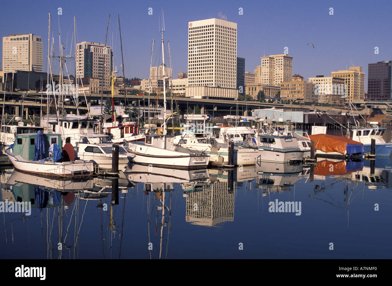 USA, Washington State, Tacoma, Downtown skyline viewed across the Thea ...