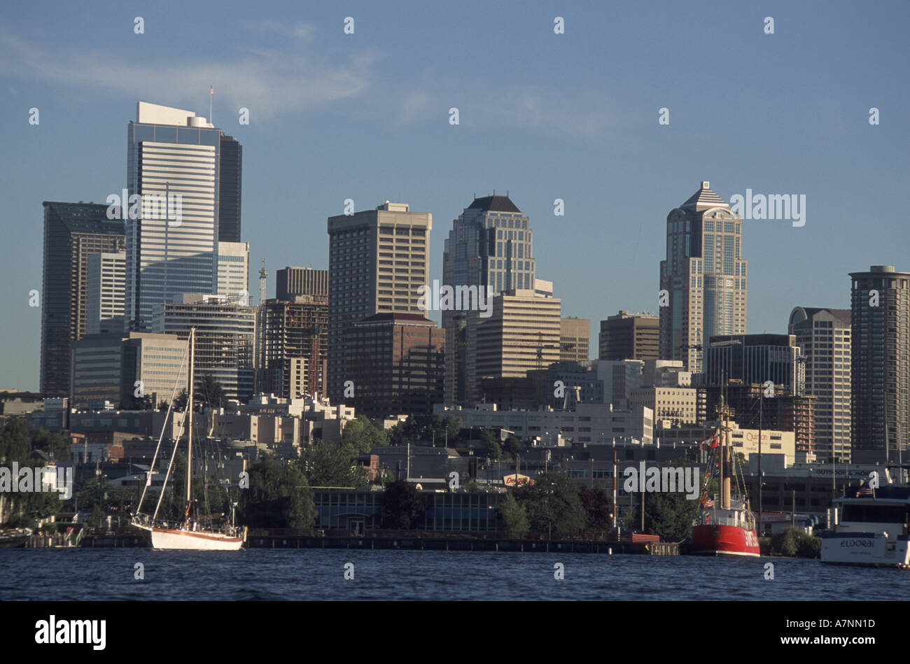 U.S.A., Washington, Seattle Vessels on Lake Union with downtown Seattle ...