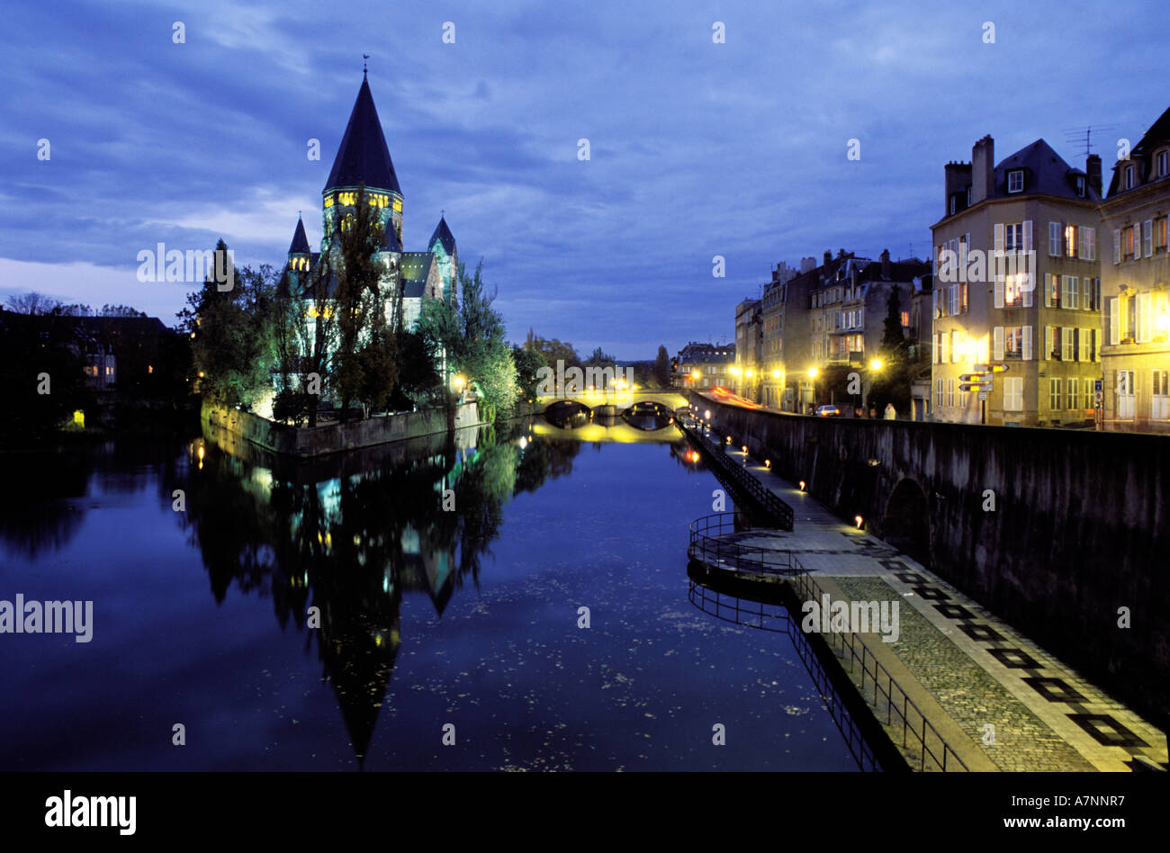 France, Moselle, Metz, old town by night and Temple as seen from the ...