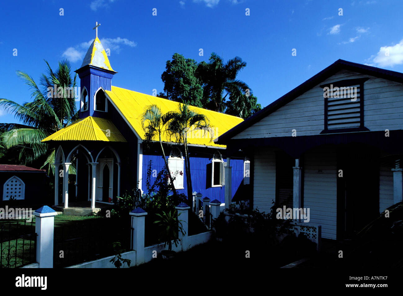 Dominican Republic, Samana province, town of Sanchez, coloured church ...