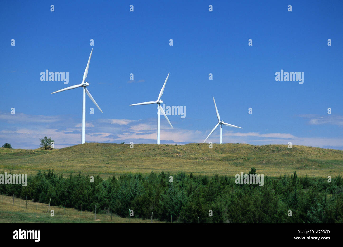 Three white windmills on a hillside in Kimball Nebraska Stock Photo - Alamy