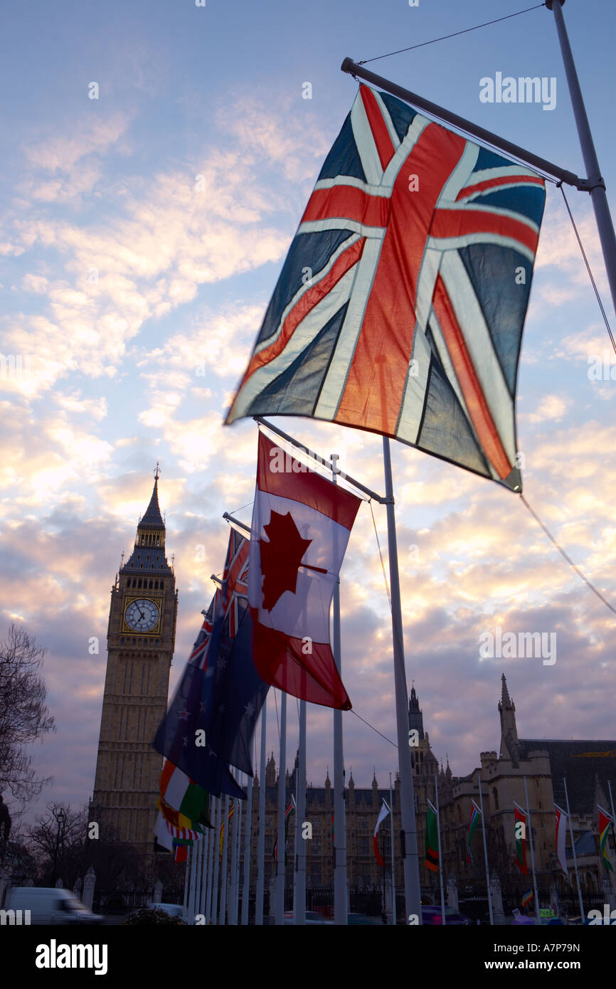 Union Jack national flag blowing in the breeze at sunrise facing East ...