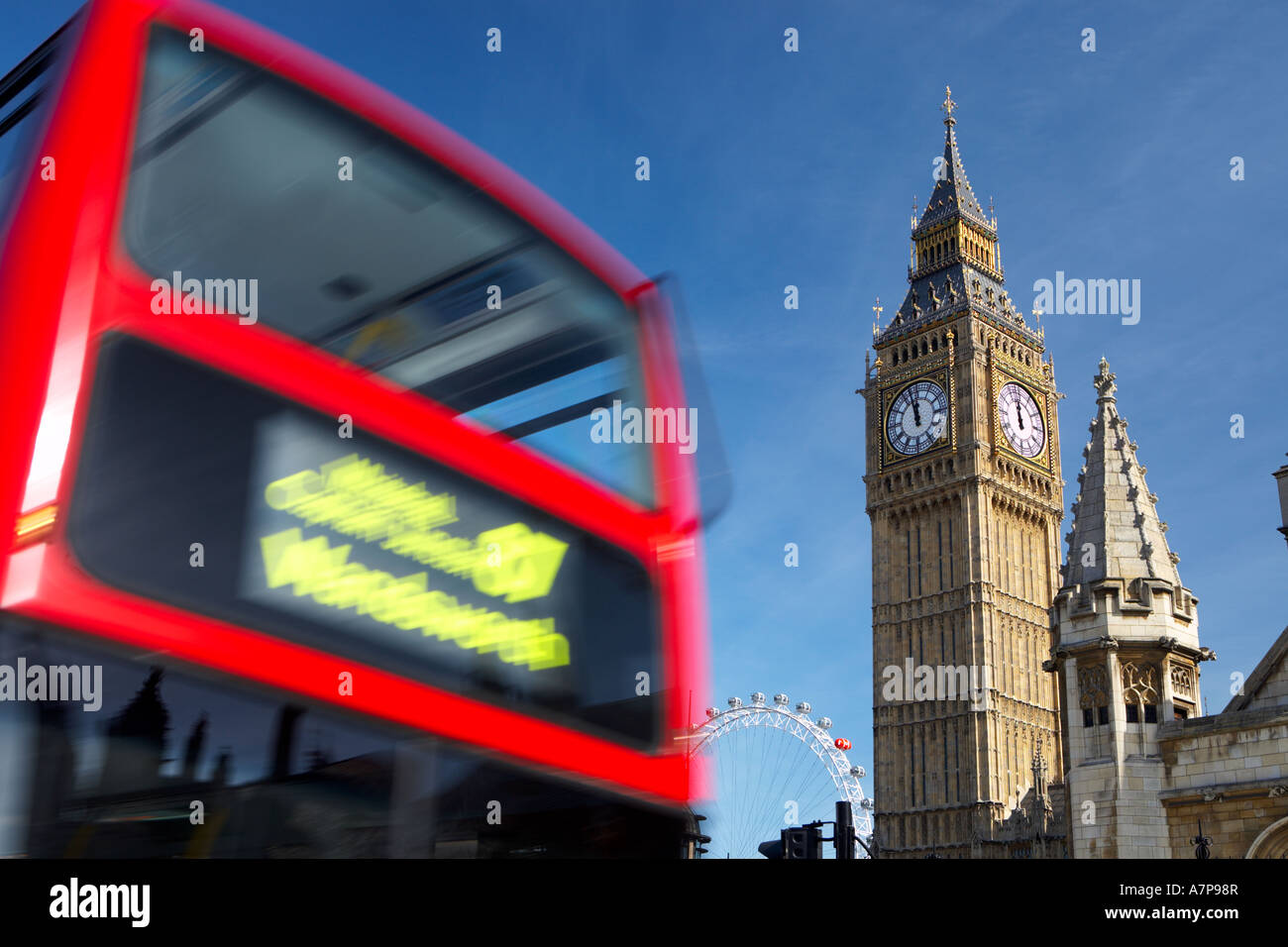 Double Decker bus driving past Big Ben at Parliament Square SW1 in ...