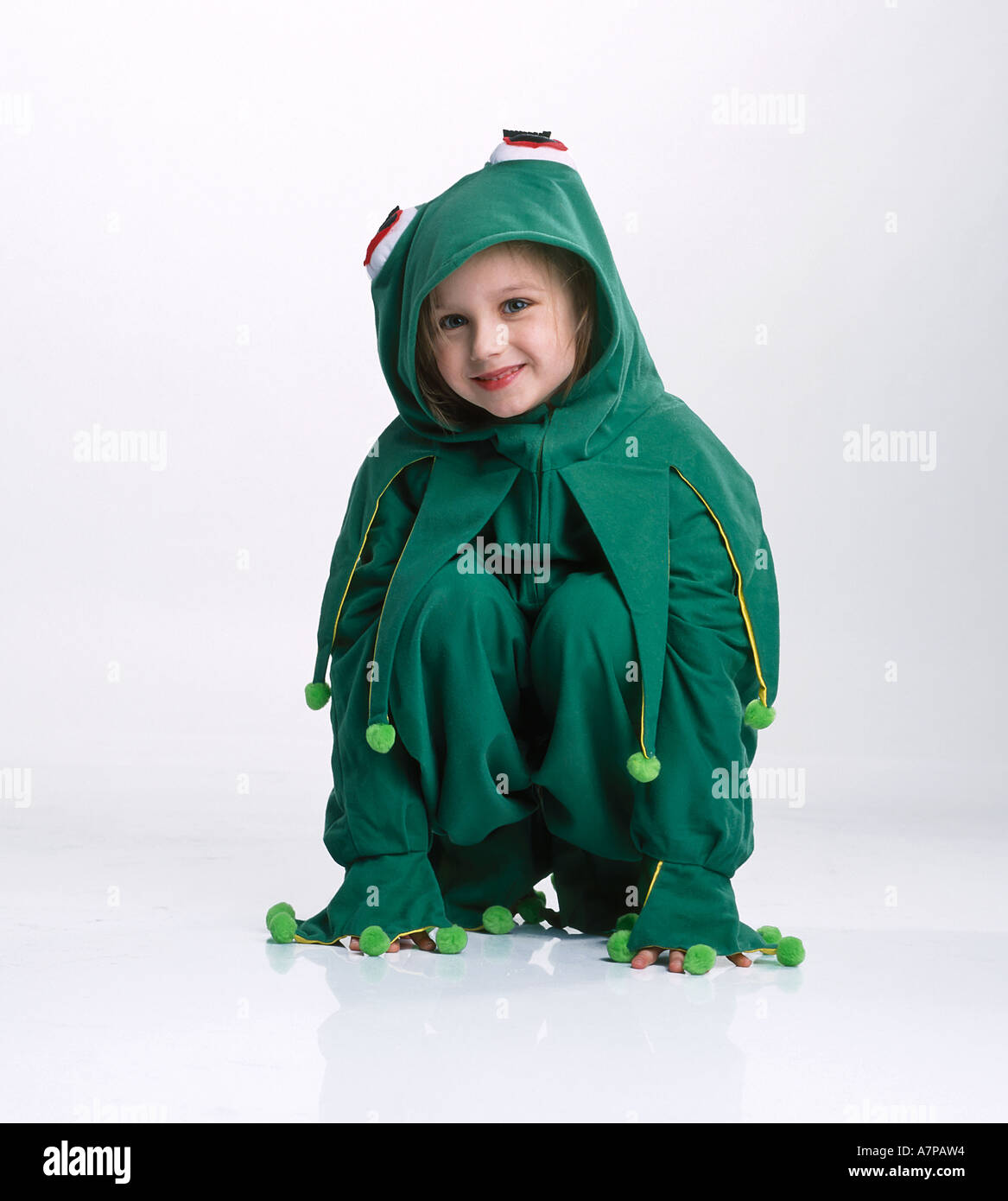 indoor studio girl child kid 5 10 smile smiling crouch dress costume ...