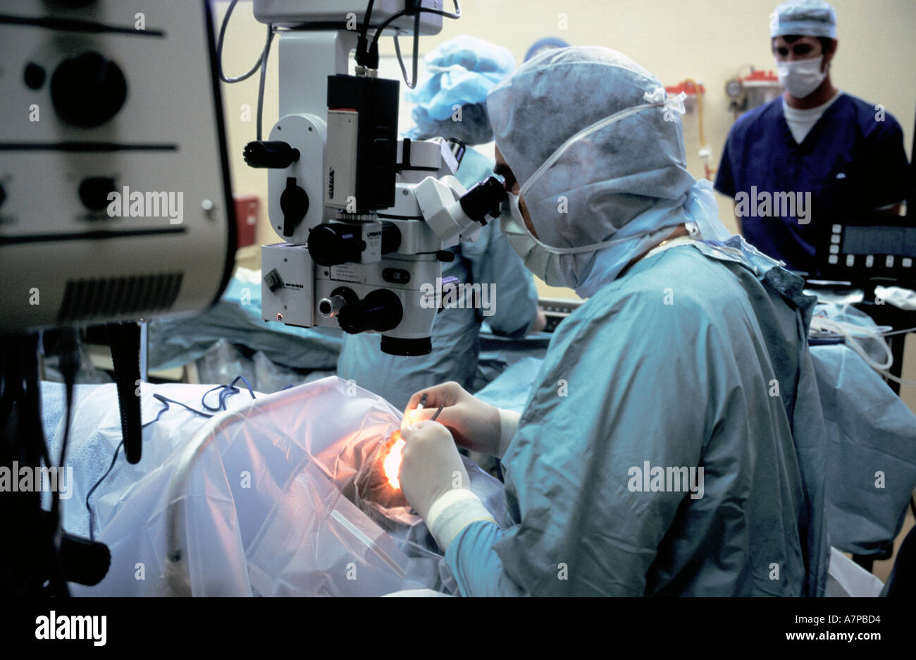 Ophthalmologist uses electronic overhead operating microscope to ...