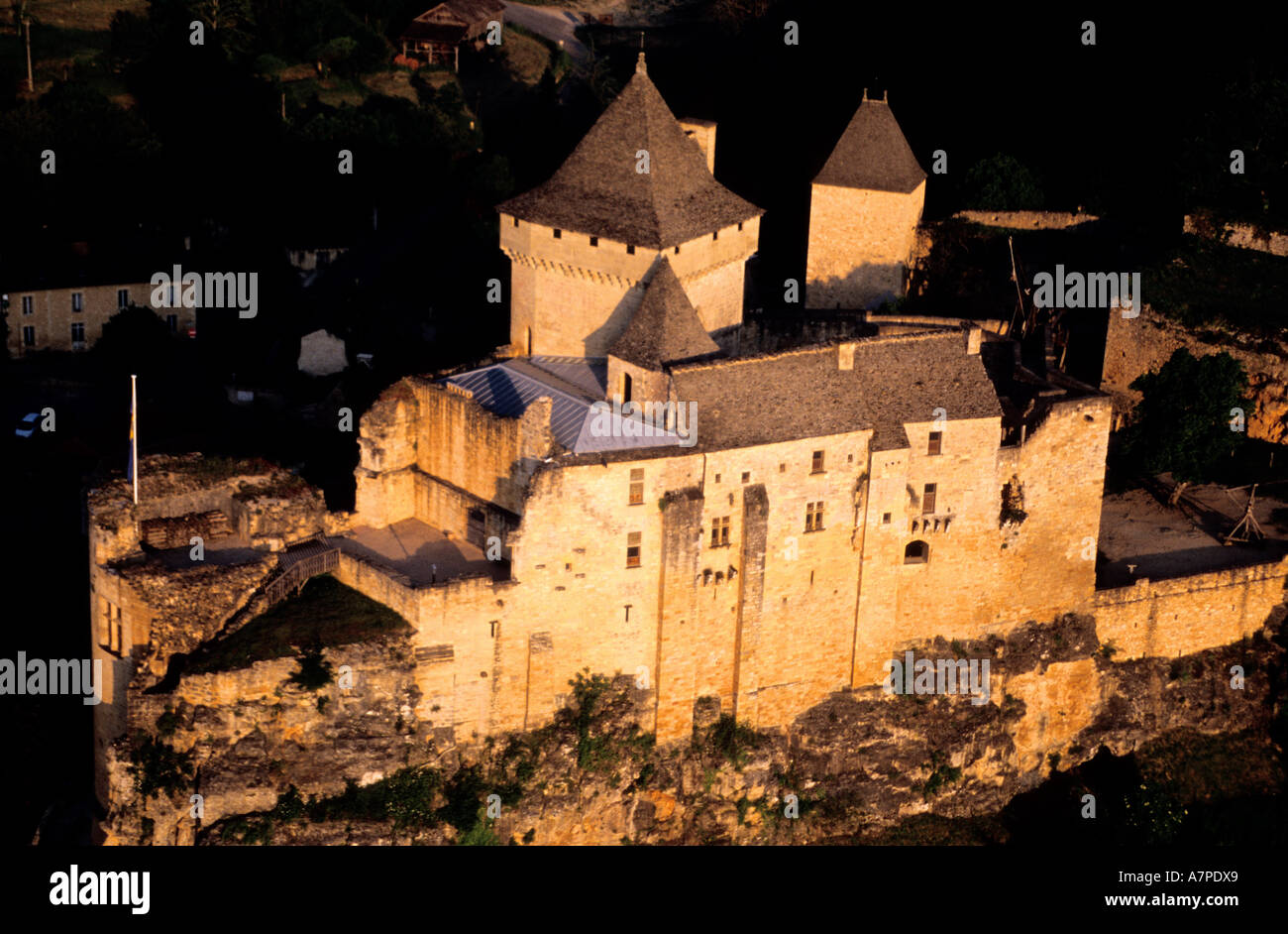 France, Dordogne, Castelnaud la Chapelle village and castle (aerial ...
