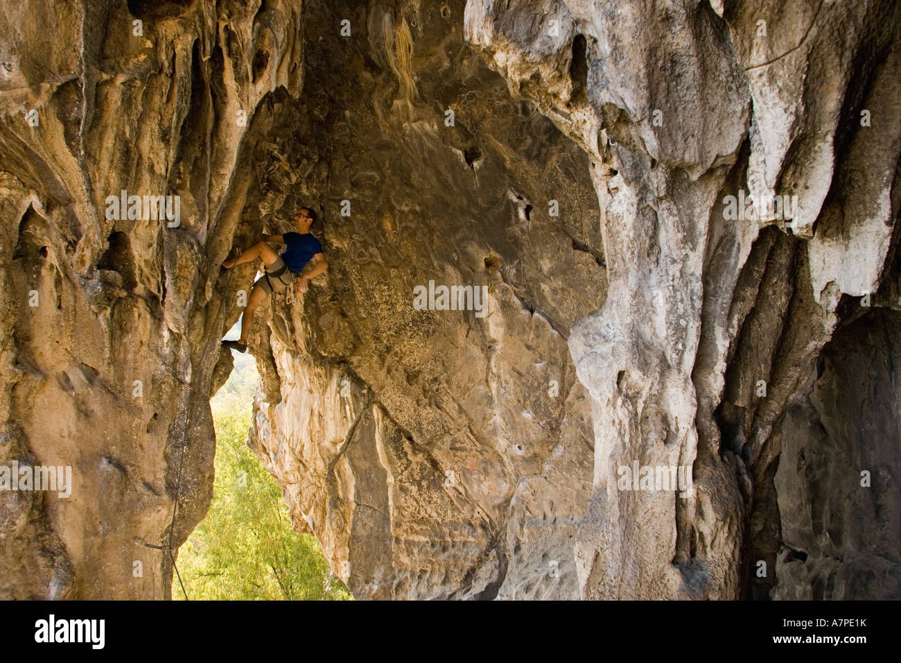Climbing on limestone stalactites and tufa at Crazy Horse climbing crag ...