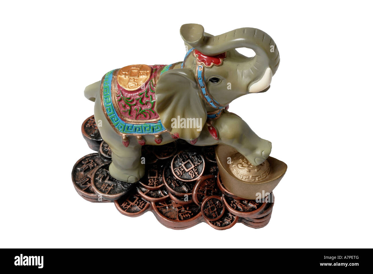 Statue of Elephant climbing on money on white background Stock Photo ...