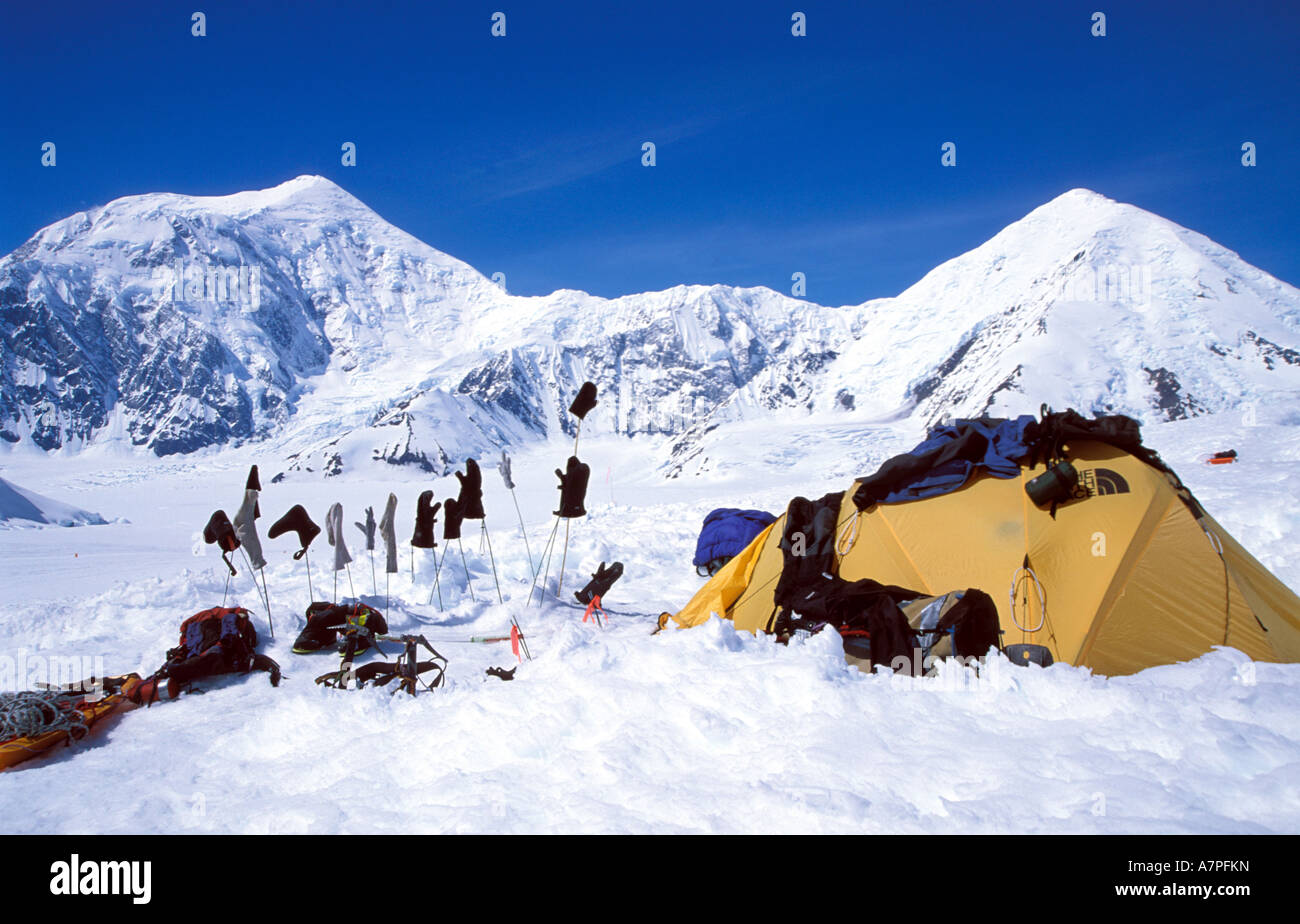 Climbing USA Alaska The Sultana Ridge of Mount Foraker with kit drying ...