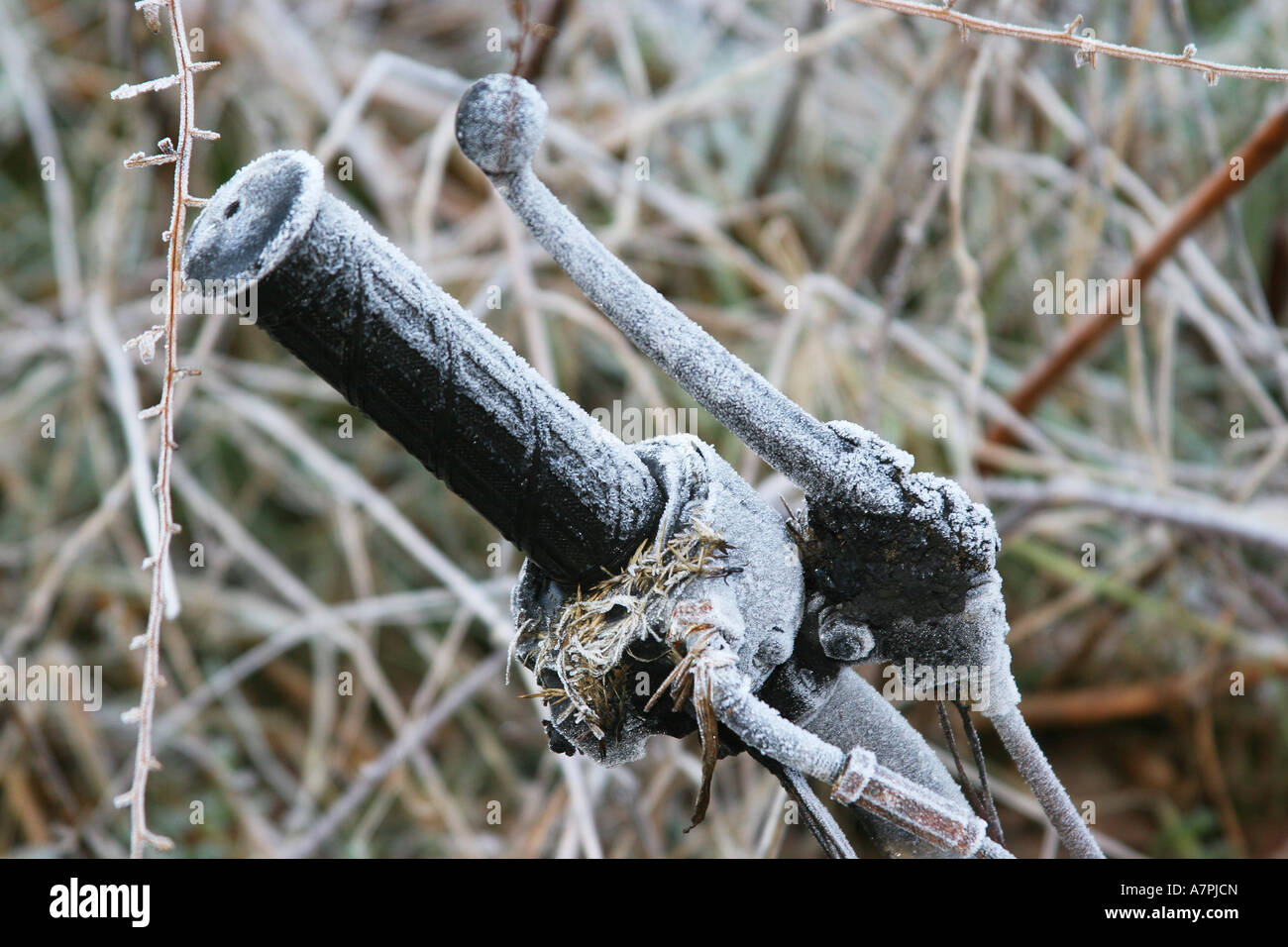 Close shot of grip of dumped motorbike in freezing conditions Stock ...