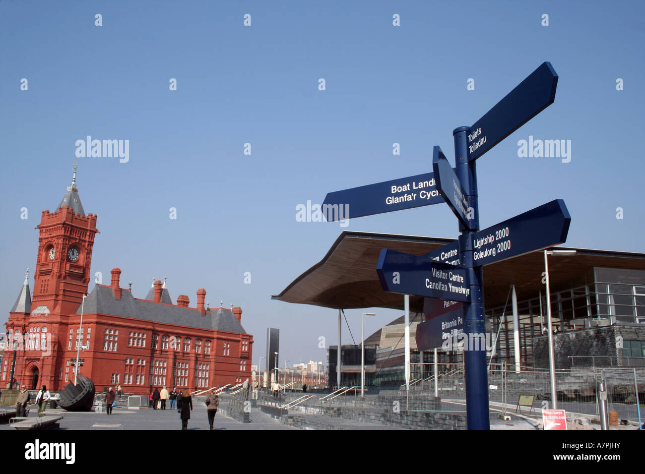 Signpost Welsh Assembly Building Cardiff Bay Stock Photo - Alamy
