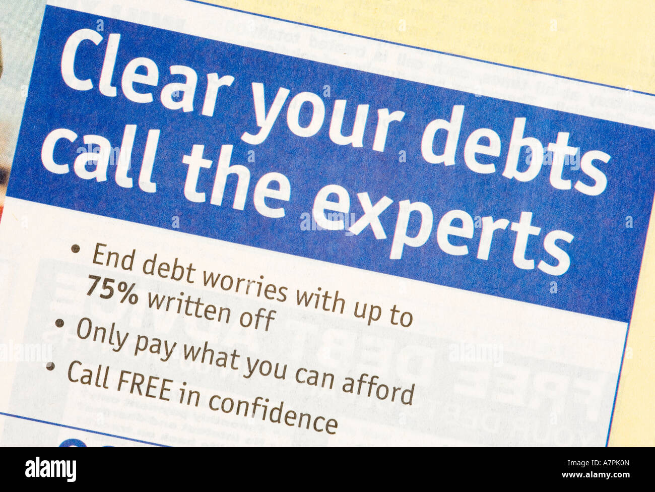 advert for debt advisors Stock Photo - Alamy