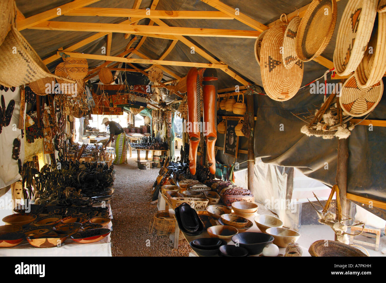 Hand crafted goods on display in a curio market Otjiwarongo Namibia ...