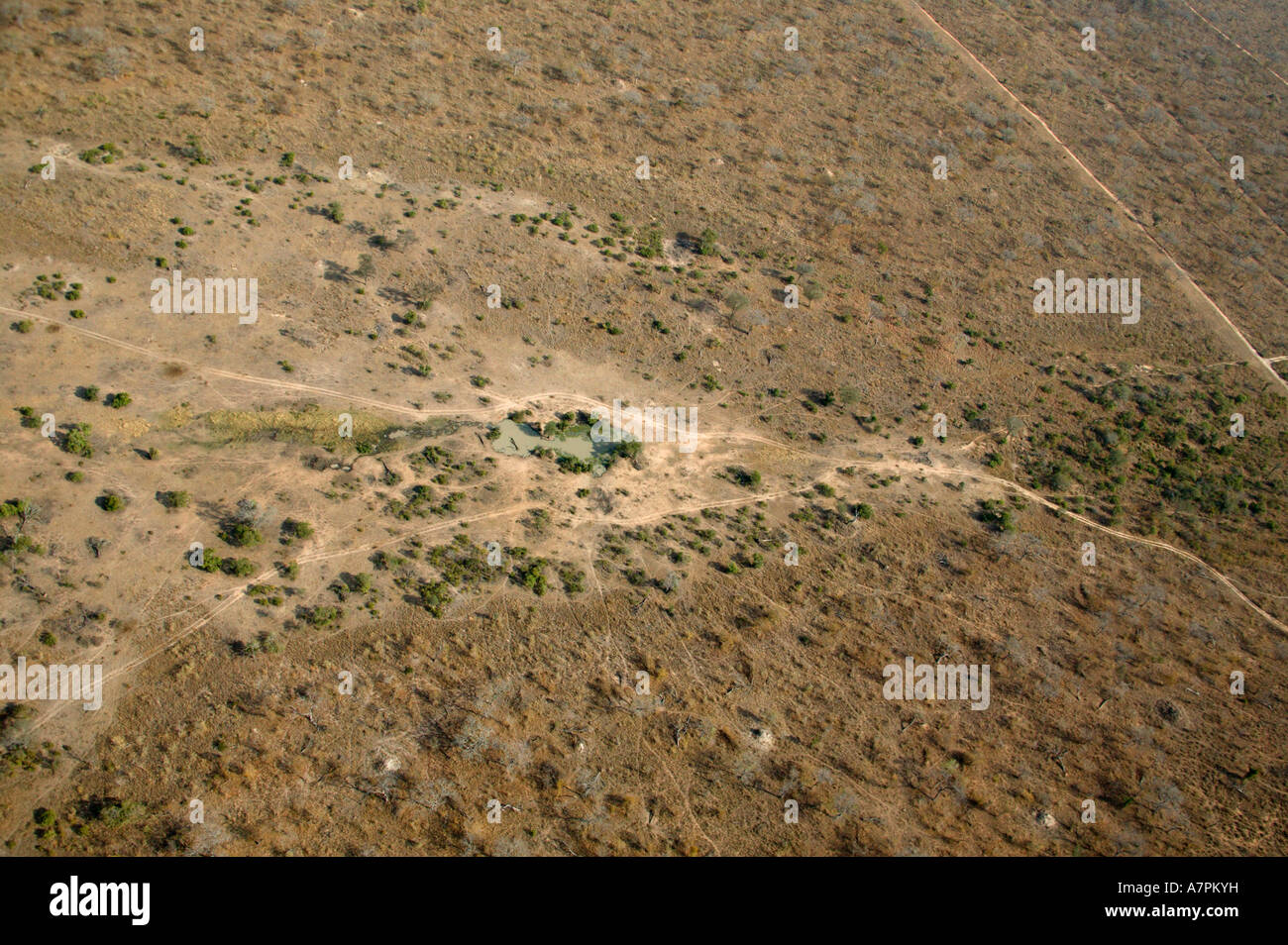 Aerial view of a natural pan surrounded by bare soil in the Lowveld ...