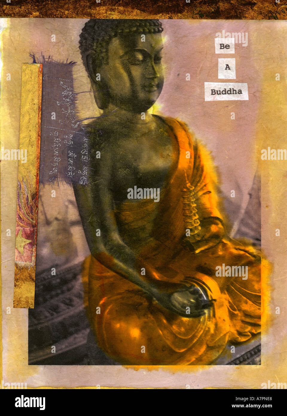 Mixed medium collage of a sitting buddha with the words Be A Buddha ...