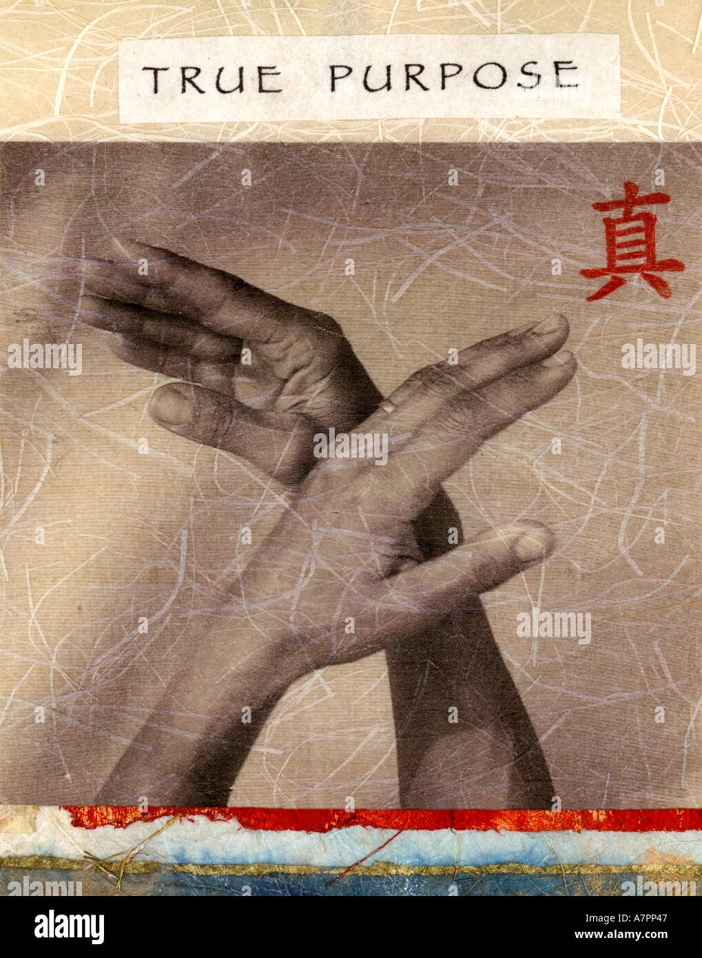Mixed medium image of upraised hands. The red character means true ...