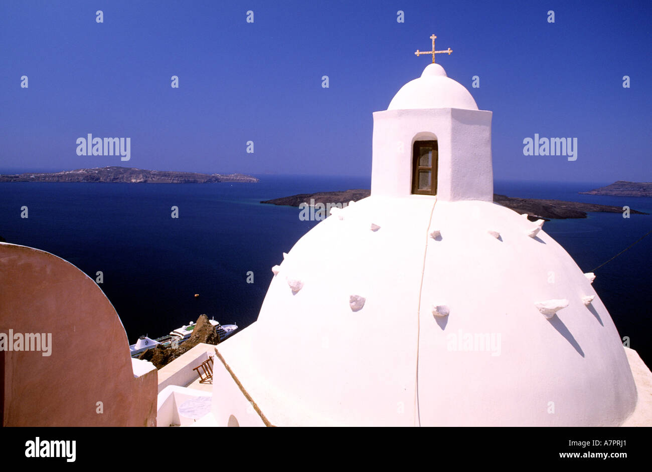 Greece, Cyclades islands, Santorini island, cupola of the Orthodox ...