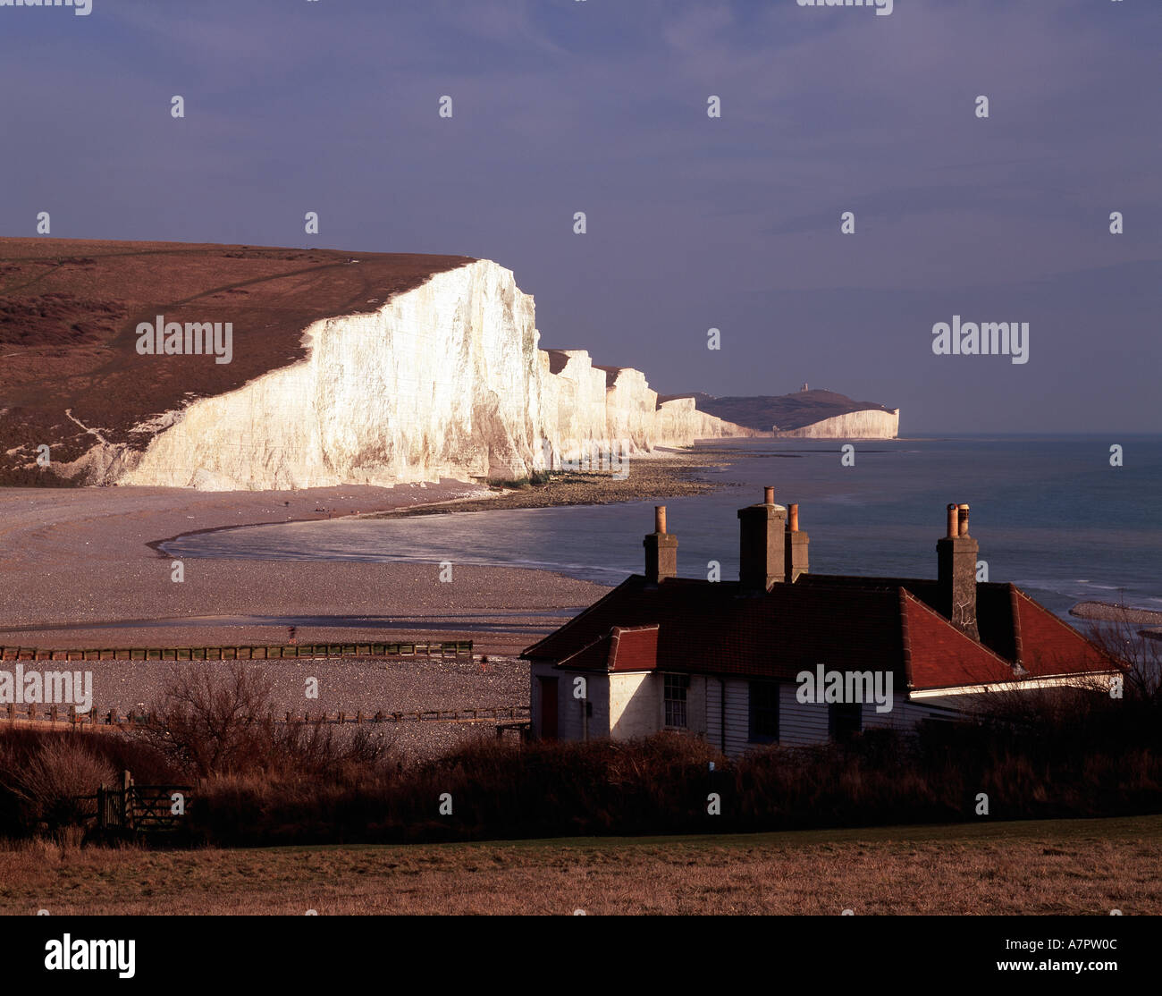 Classic view of the famous chalk cliffs Seven Sisters on the Sussex ...