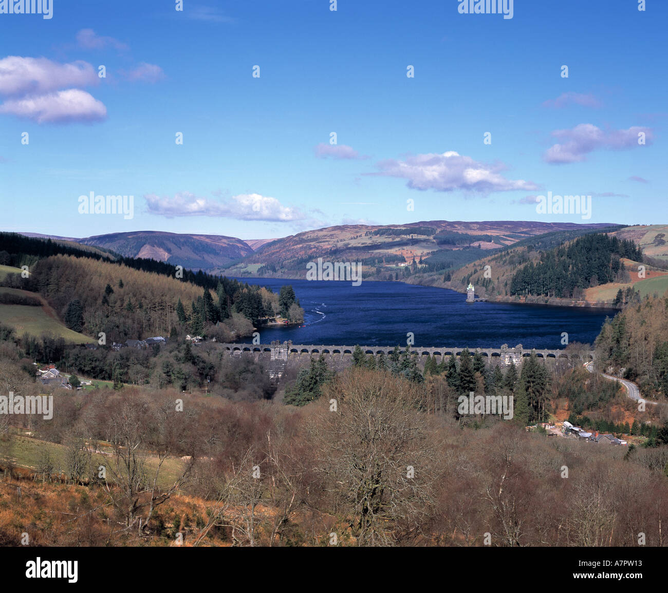 Big aerial view of Lake Vyrnwy Powys Wales with the dam in the middle ...