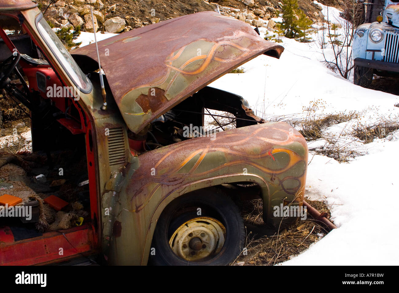 Rusty old car in open air in Colorado USA in snow and ice. Broken old ...