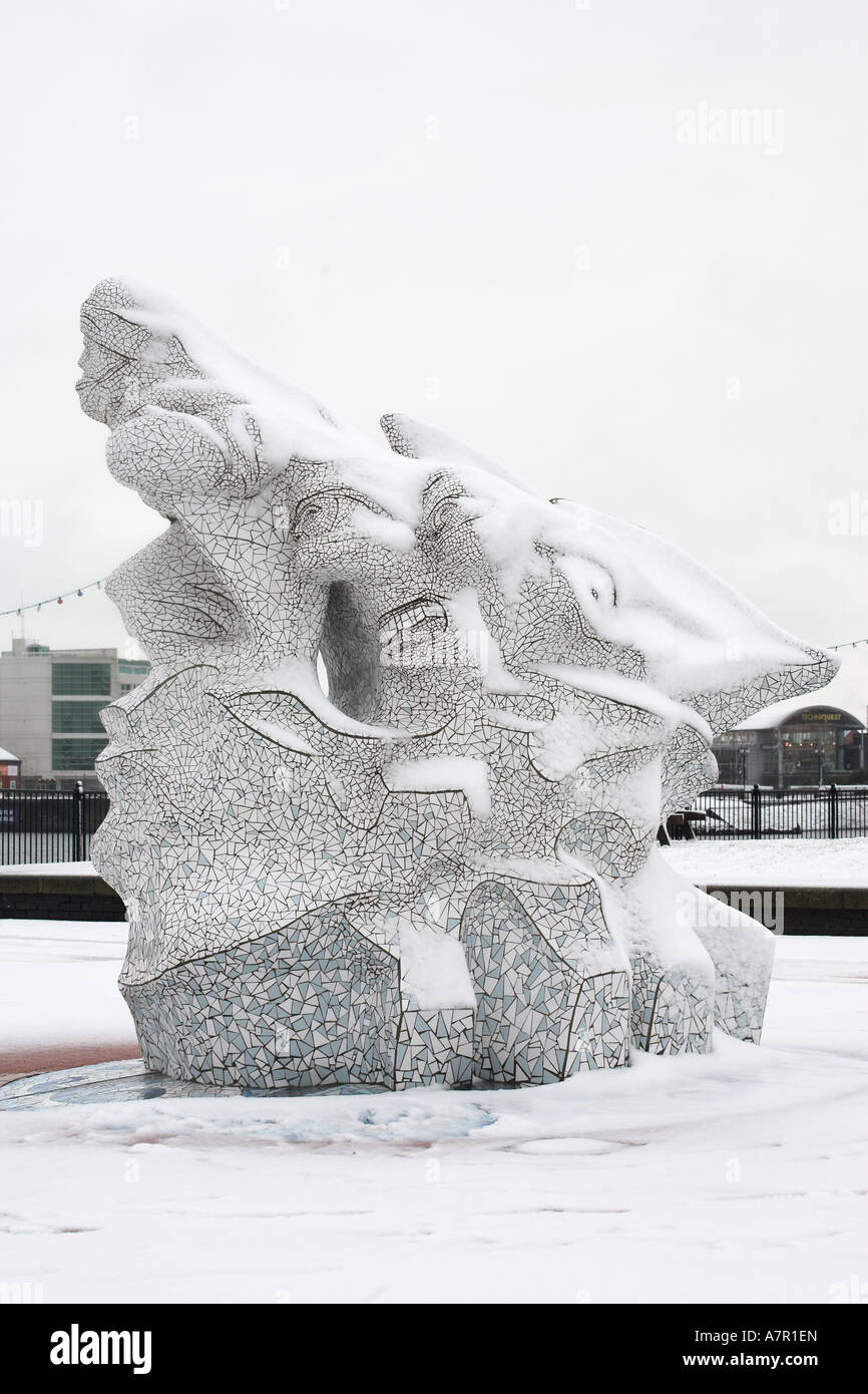 Captain Scott Memorial Sculpture in Snow Cardiff Bay Stock Photo - Alamy