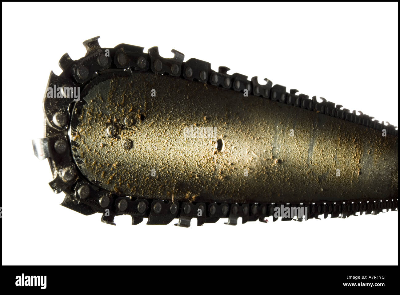 Detailed view of dirty chainsaw Stock Photo - Alamy