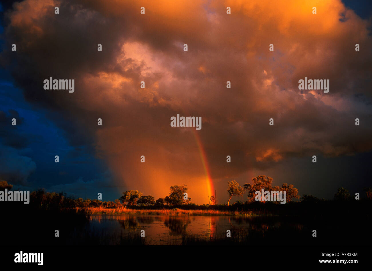 Partial rainbow and illuminated storm clouds reflected in water ...