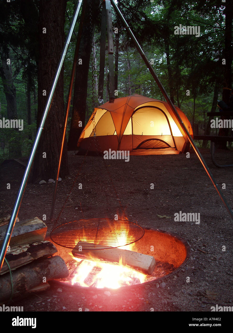 Campsite Tent and Fire Stock Photo - Alamy