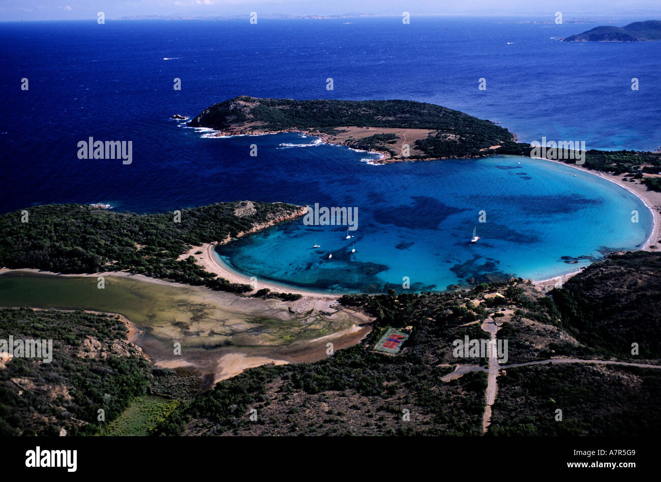 France, Corse du Sud, Rondinara bay, white sand beach (aerial view ...