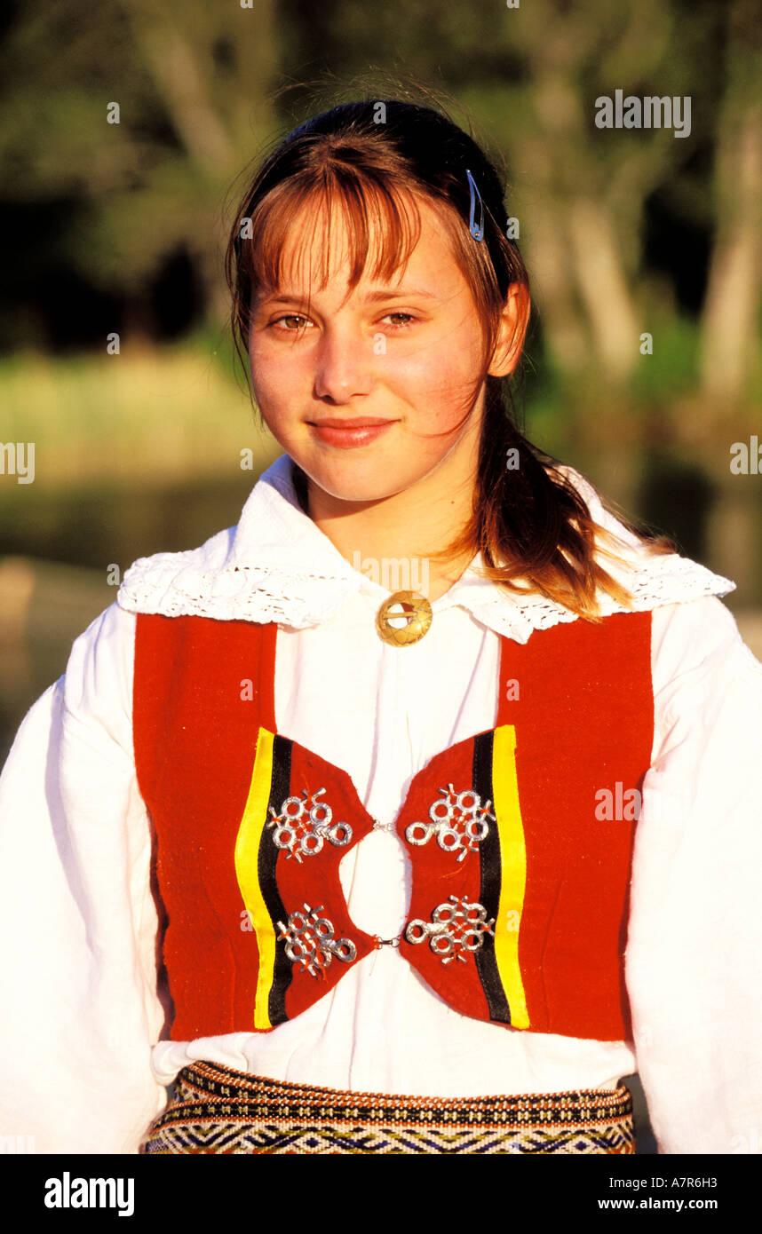 Estonia (Baltic States), Saaremaa Island, Mustila village, girls in ...