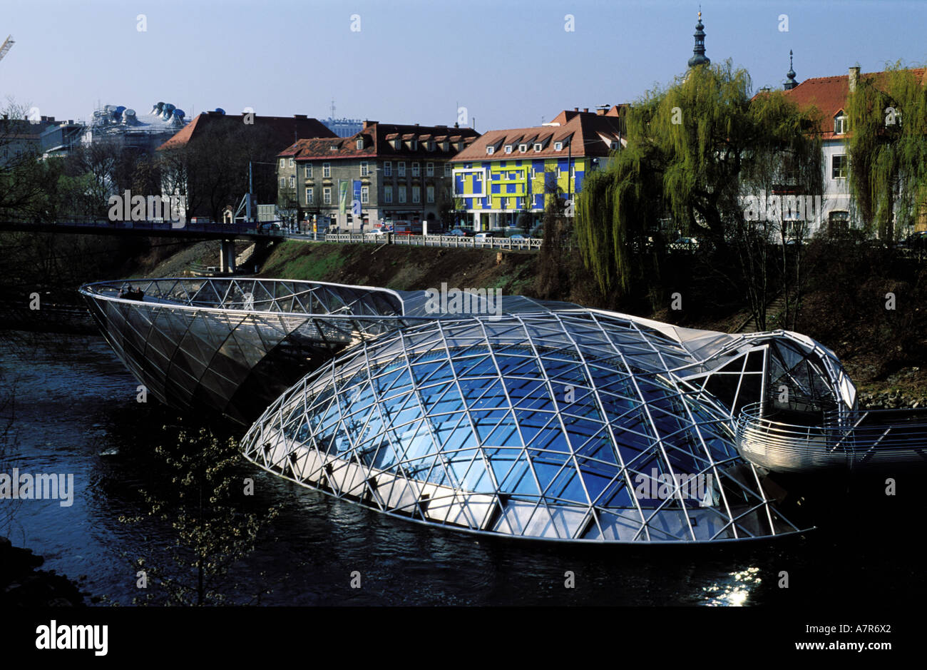 Austria, Styria, Graz, floating island on the river Mur, Cafe and ...
