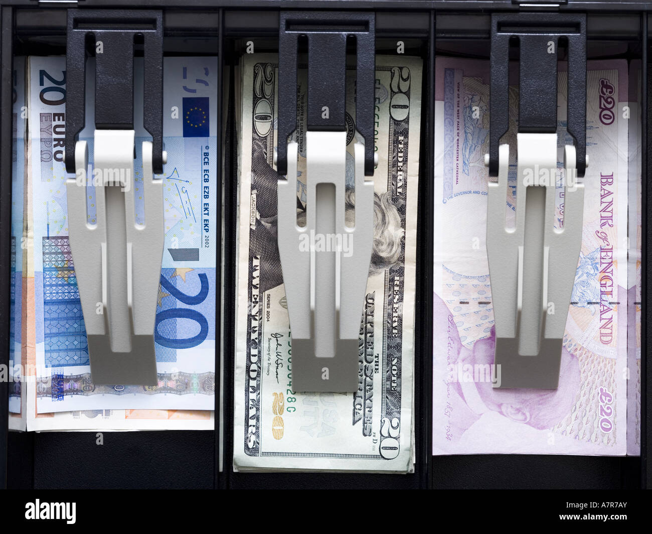 Detailed view of International currency in till Stock Photo - Alamy
