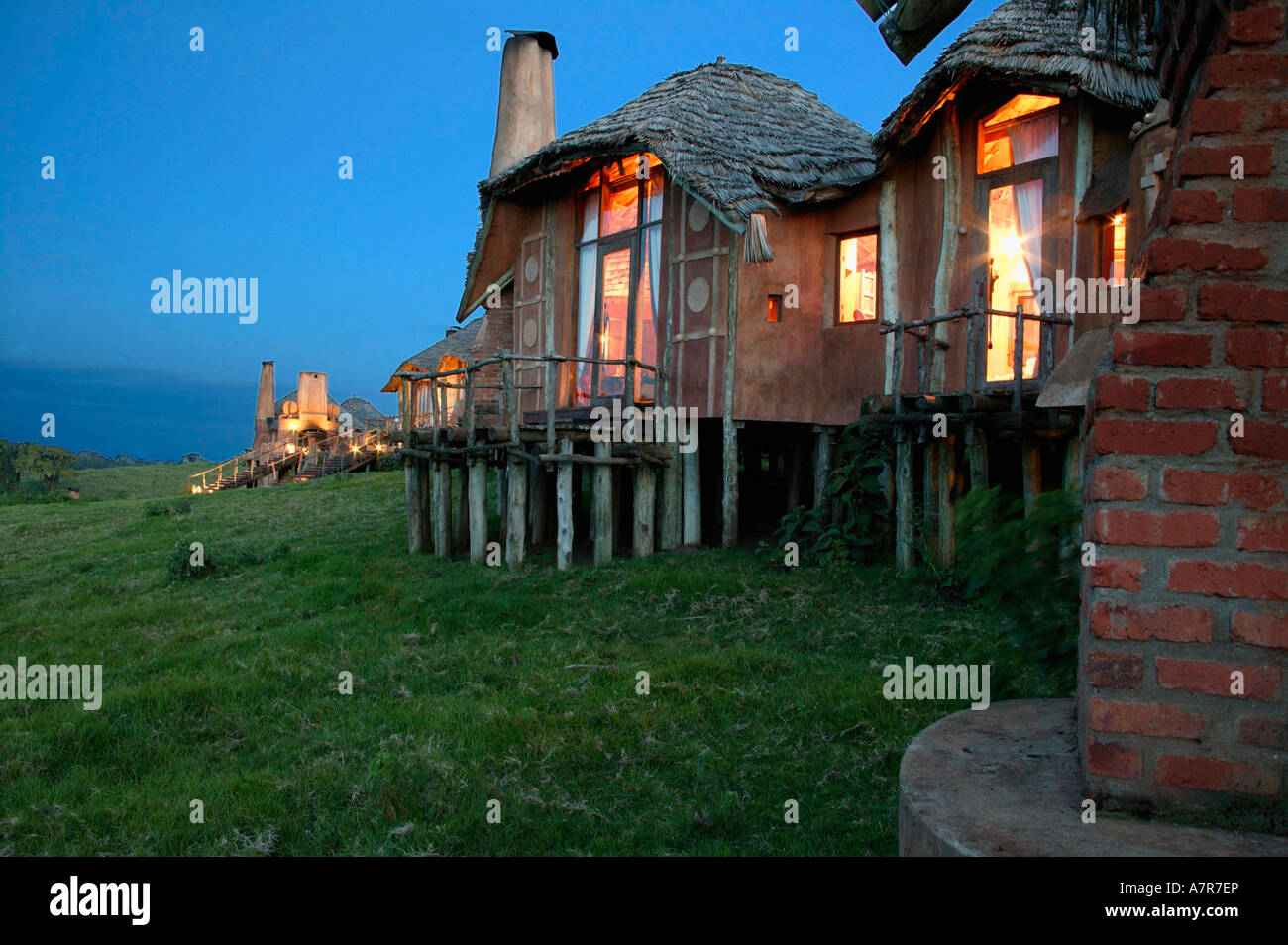 Crater Lodge at dusk The lodge has been built on stilts in a design ...