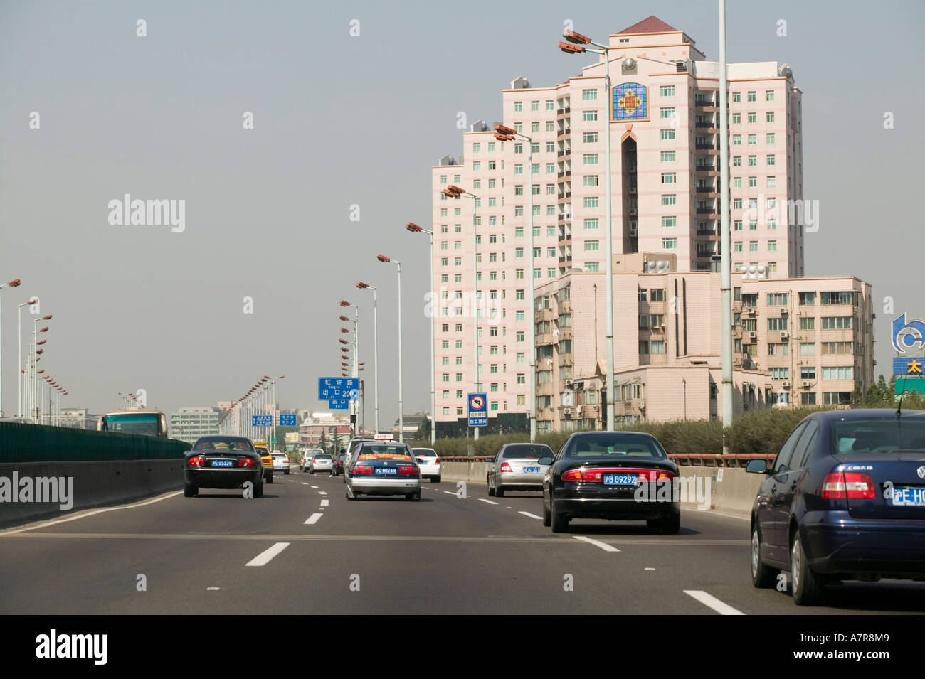 Asia China Shanghai View through taxi window driving through morning ...