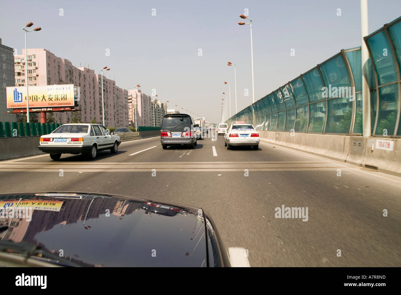 Asia China Shanghai View through taxi window driving through morning ...
