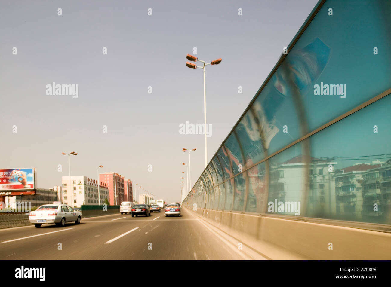 Asia China Shanghai View through taxi window driving through morning ...