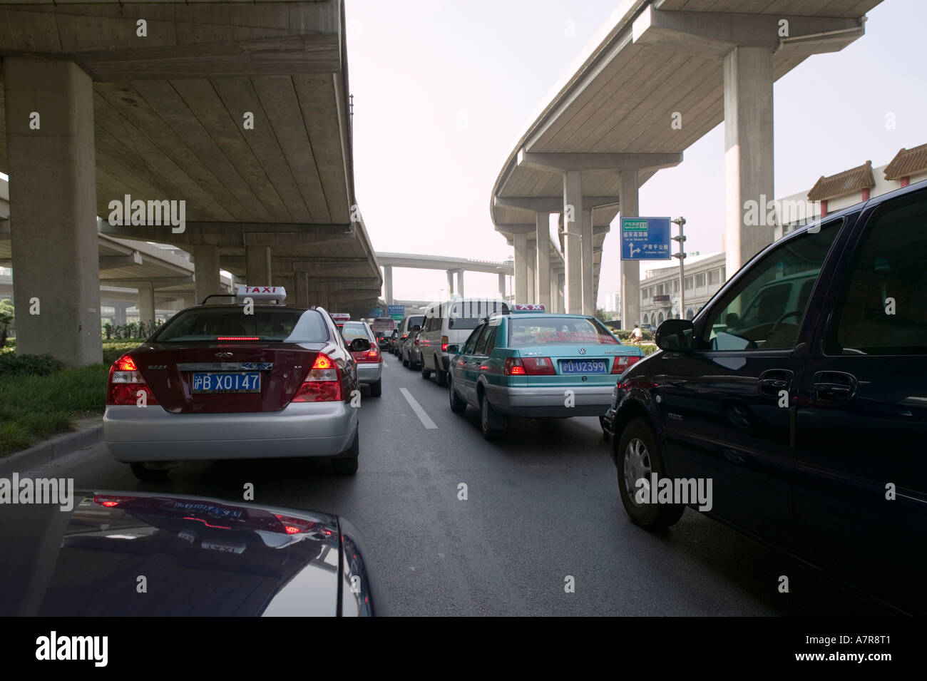 Asia China Shanghai View through taxi window driving through morning ...