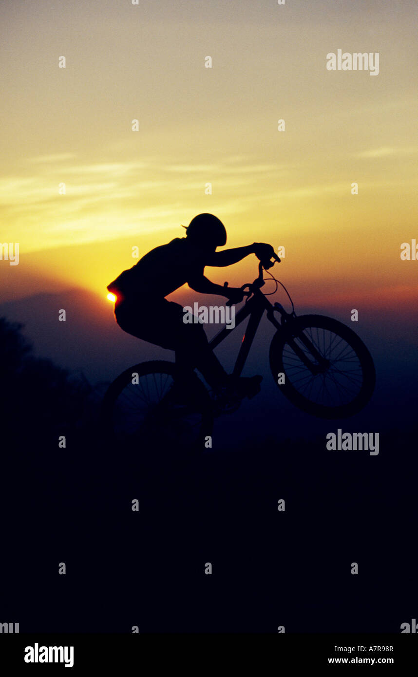 Profile of mountain biker at sunset Stock Photo - Alamy