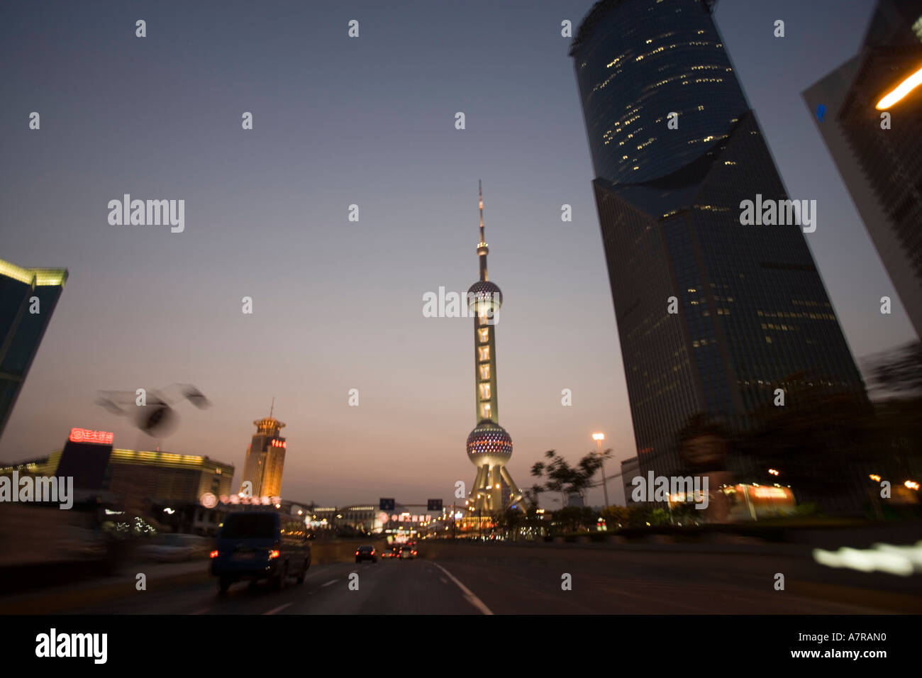 Asia China Shanghai View through taxi cab window of evening rush hour ...