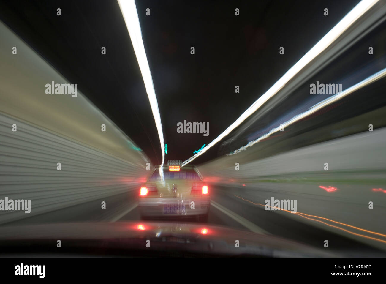 Asia China Shanghai View through taxi cab window of blurred lights ...