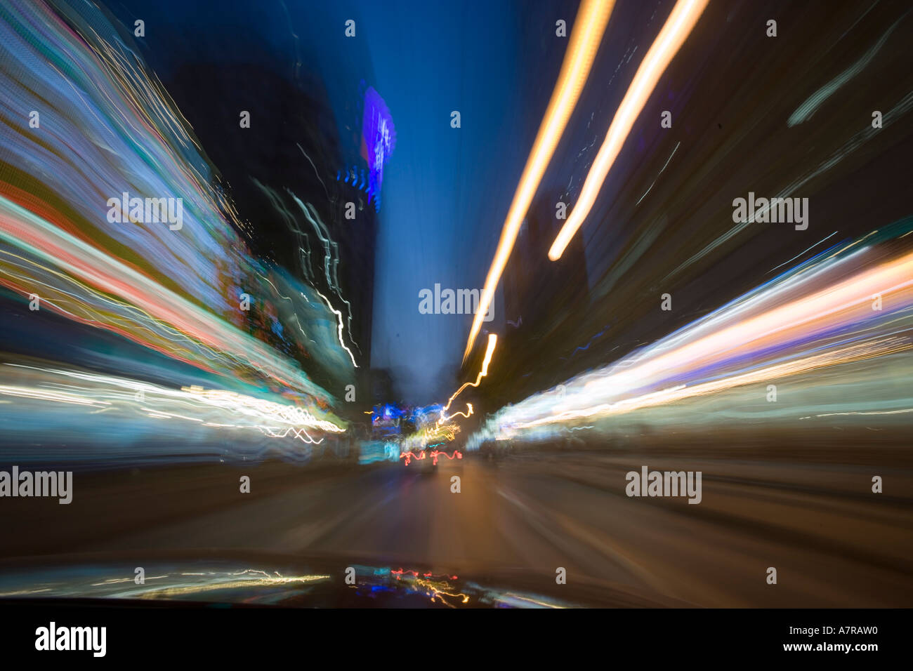 Asia China Shanghai View through taxi cab window of blurred lights ...