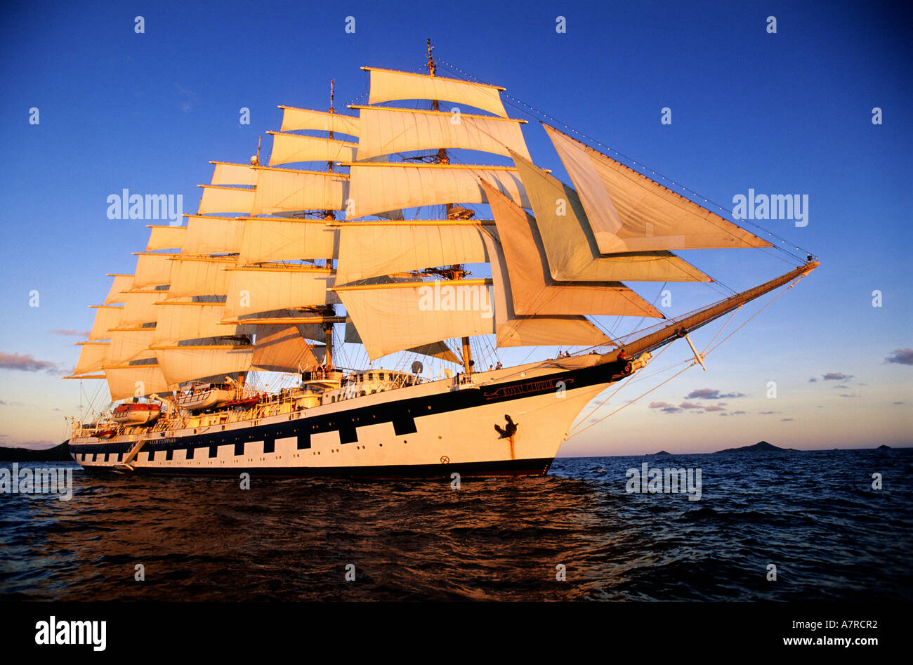 Caribbean sea, the five masted ship SPV Royal Clipper with every sail ...