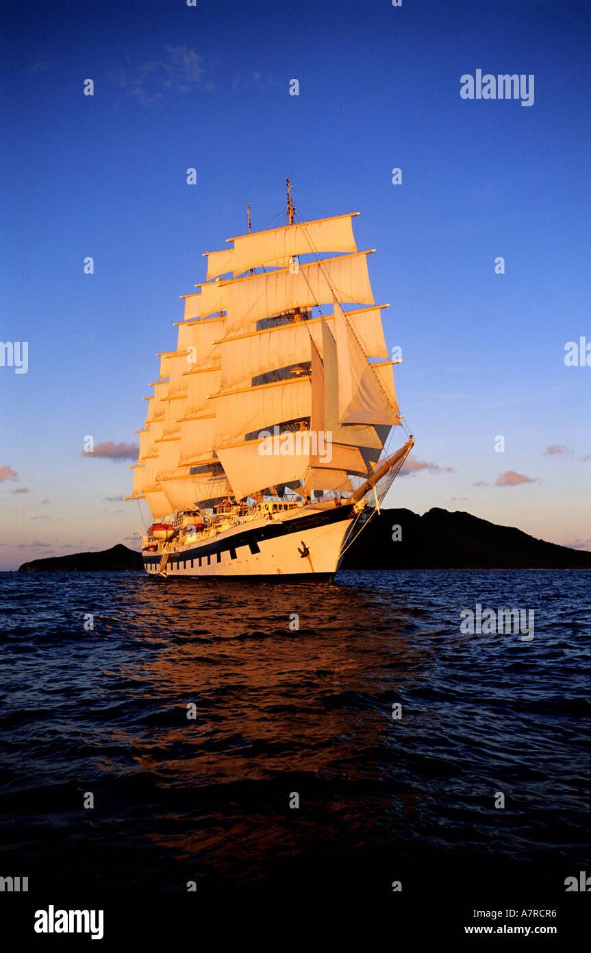 Caribbean sea, the five masted ship SPV Royal Clipper with every sail ...