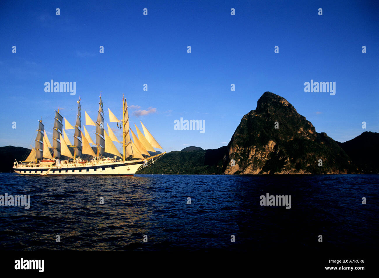 Caribbean sea, St Lucia island, the five masted ship SPV Royal Clipper ...