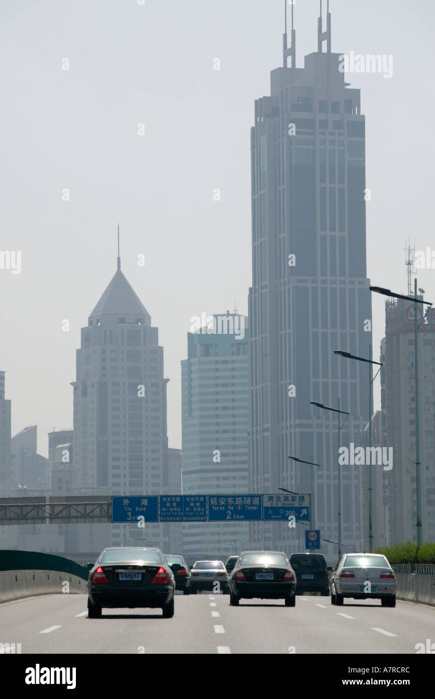 Asia China Shanghai View through taxi window driving through morning ...