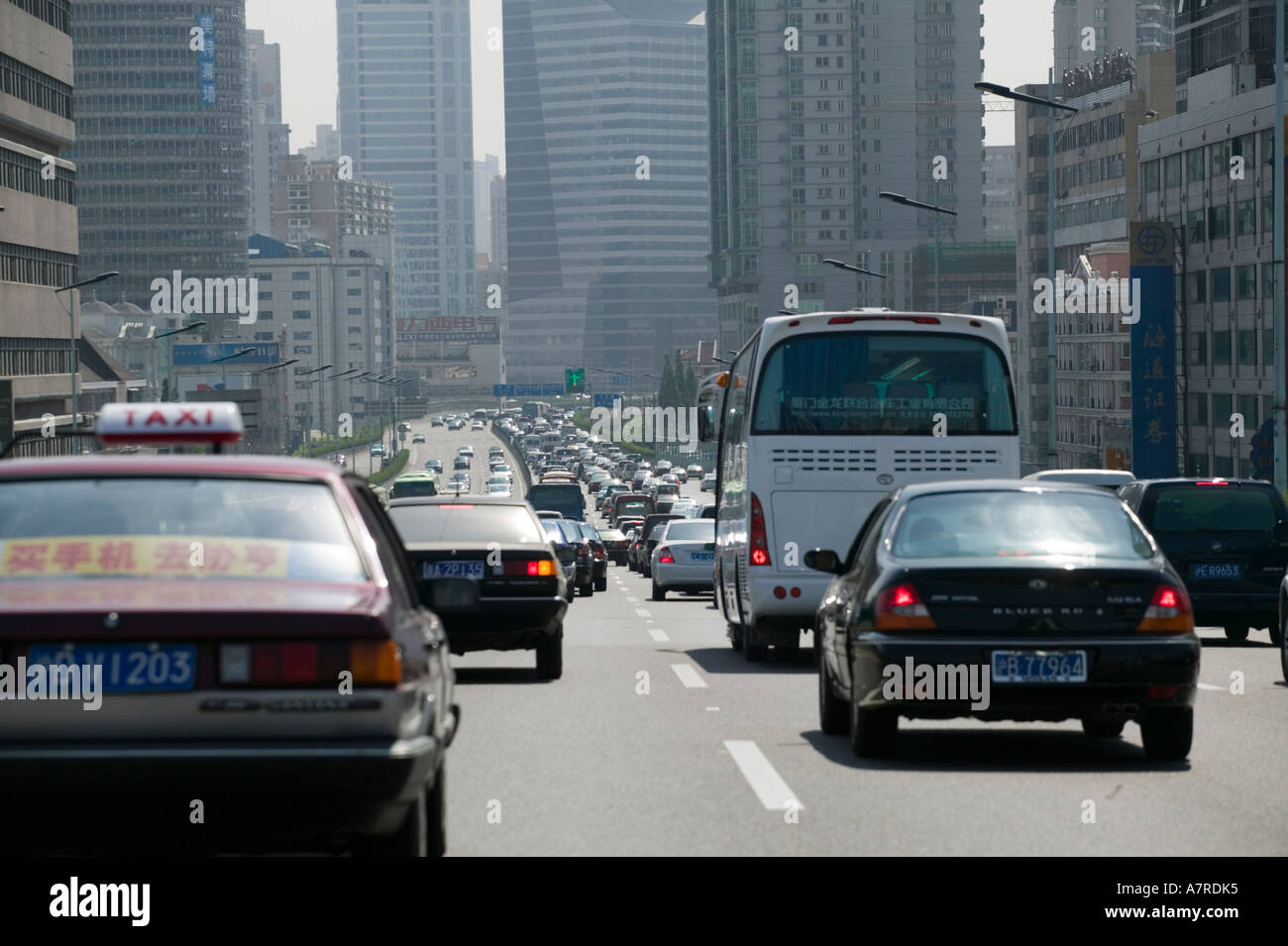 Asia China Shanghai View through taxi window driving through morning ...